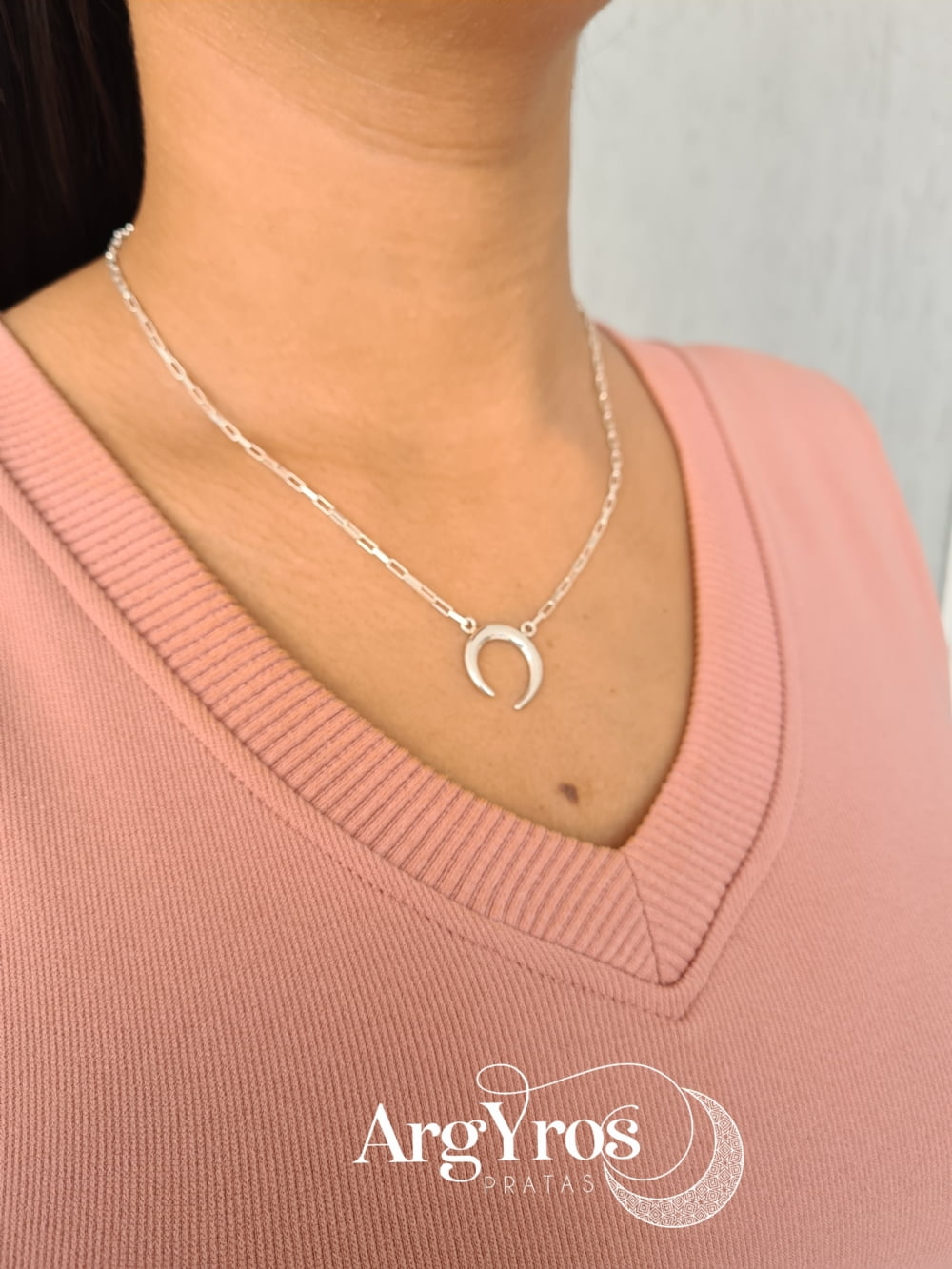 Colar Meia Lua Elo Alongado - Argyros Pratas
